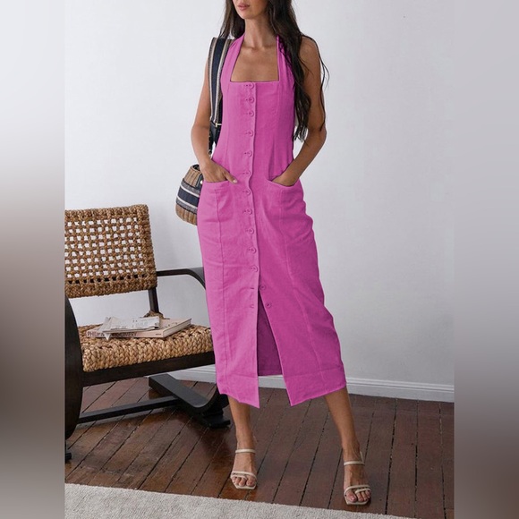 Commense | Dresses | The Commense Tied Halter Open Back Cotton Linen ...